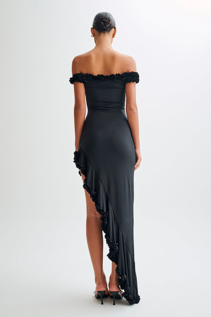 Arielle Off Shoulder Ruffle Midi Dress Black Meshki Uk