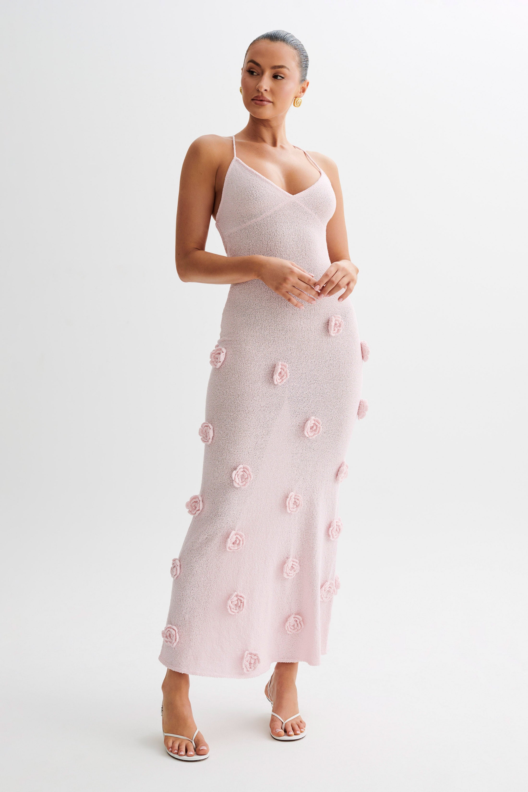 Suki Knit Maxi Dress With Flowers - Baby Pink & MESHKI UK
