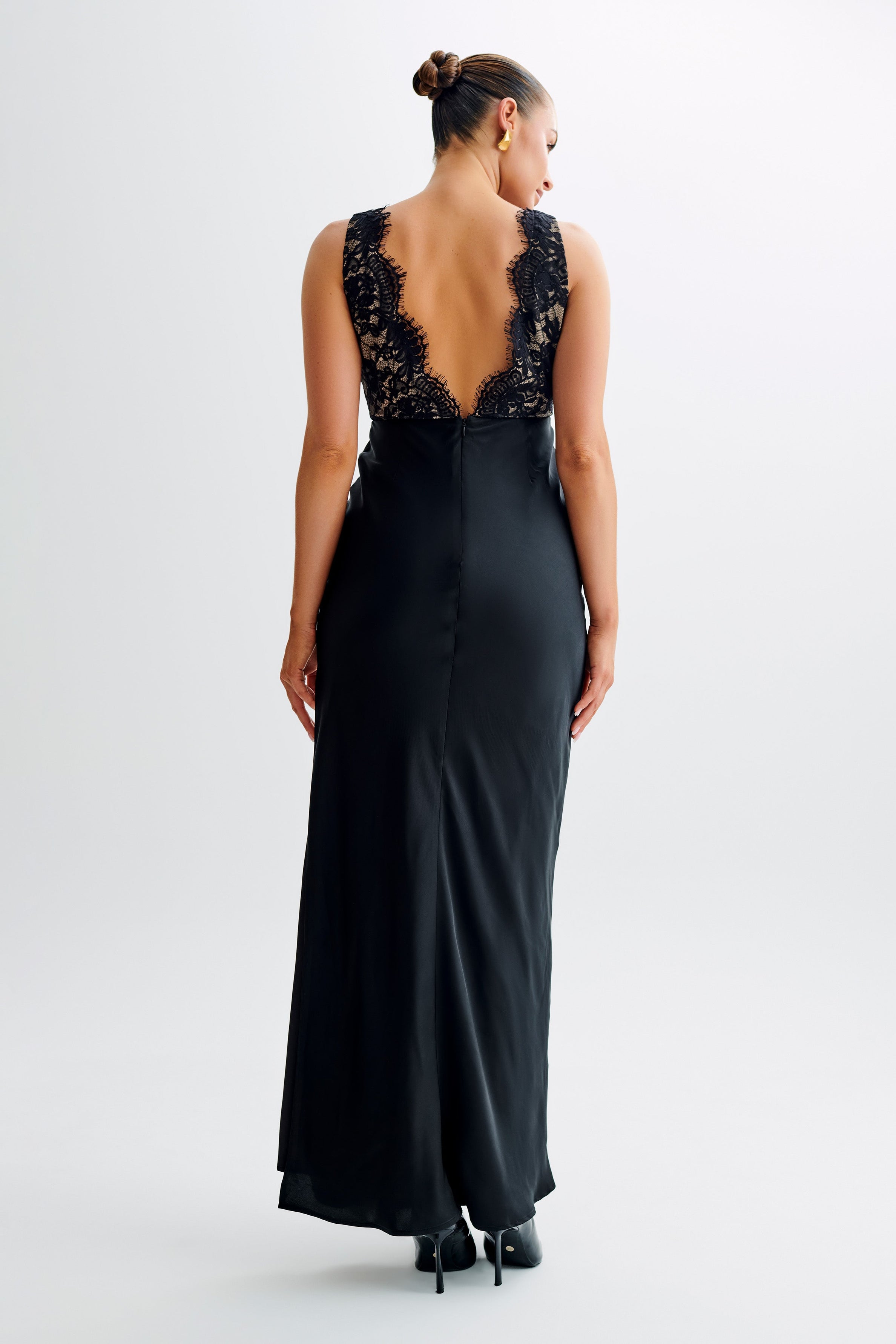 Ricci Satin And Lace Maxi Dress - Black - MESHKI UK