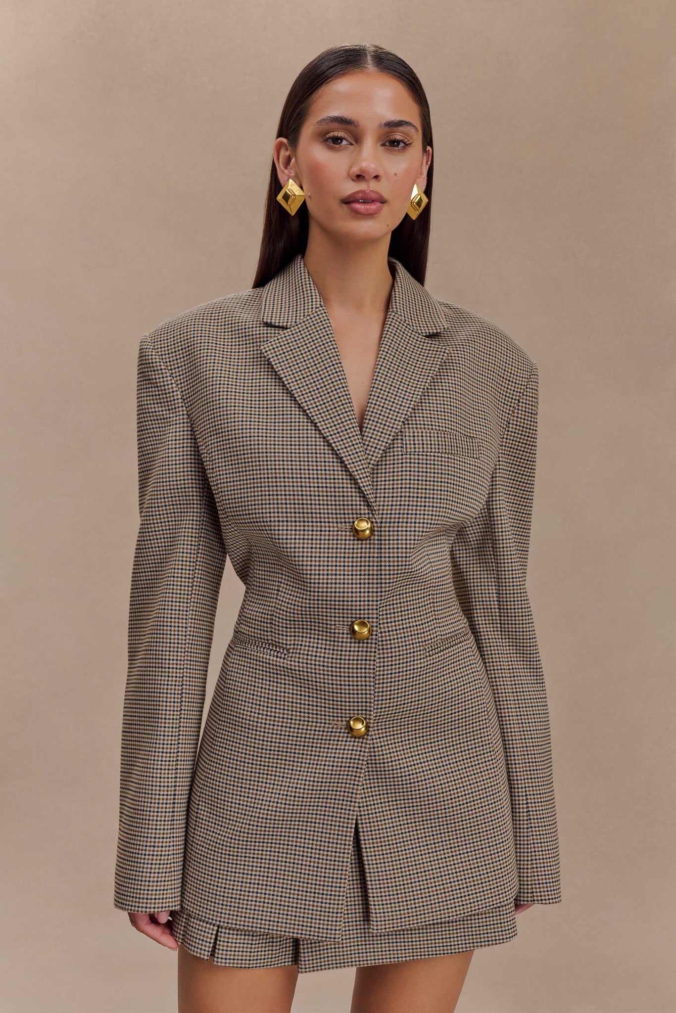 Mila Shaped Blazer - Tan Check & MESHKI UK