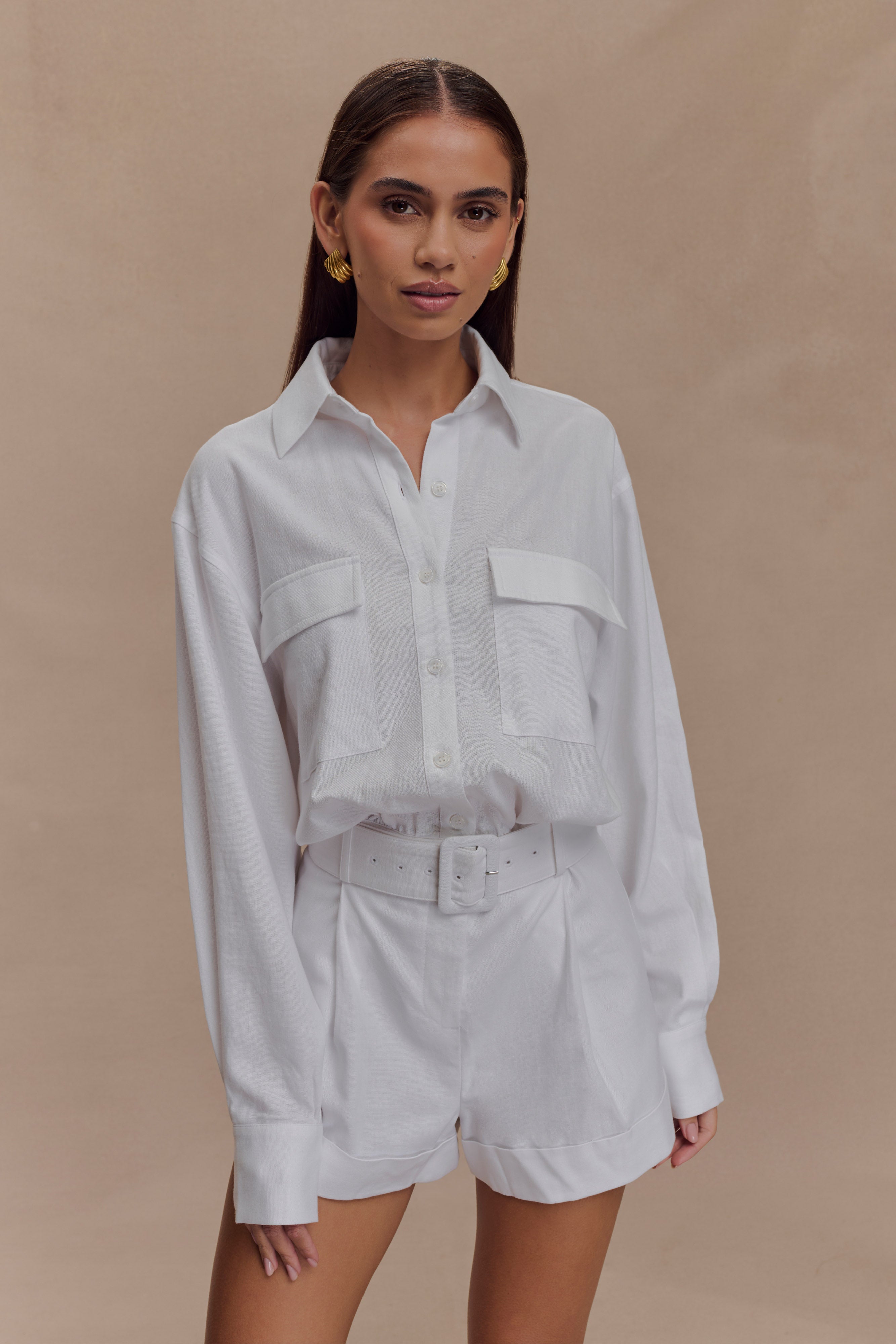 Adia Linen Belted Playsuit - White & MESHKI UK
