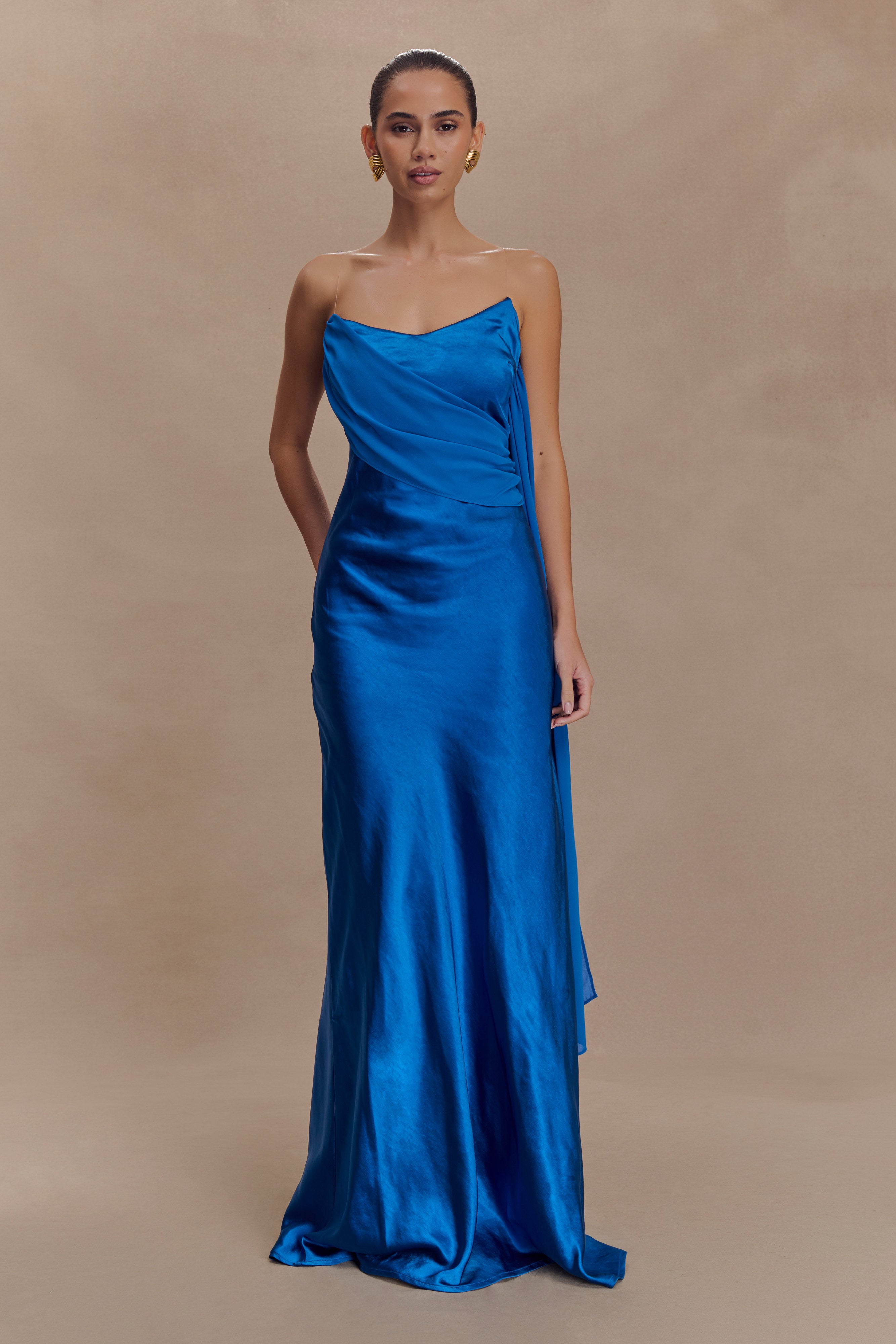 Carah Satin And Chiffon Maxi Dress - Cobalt & MESHKI UK