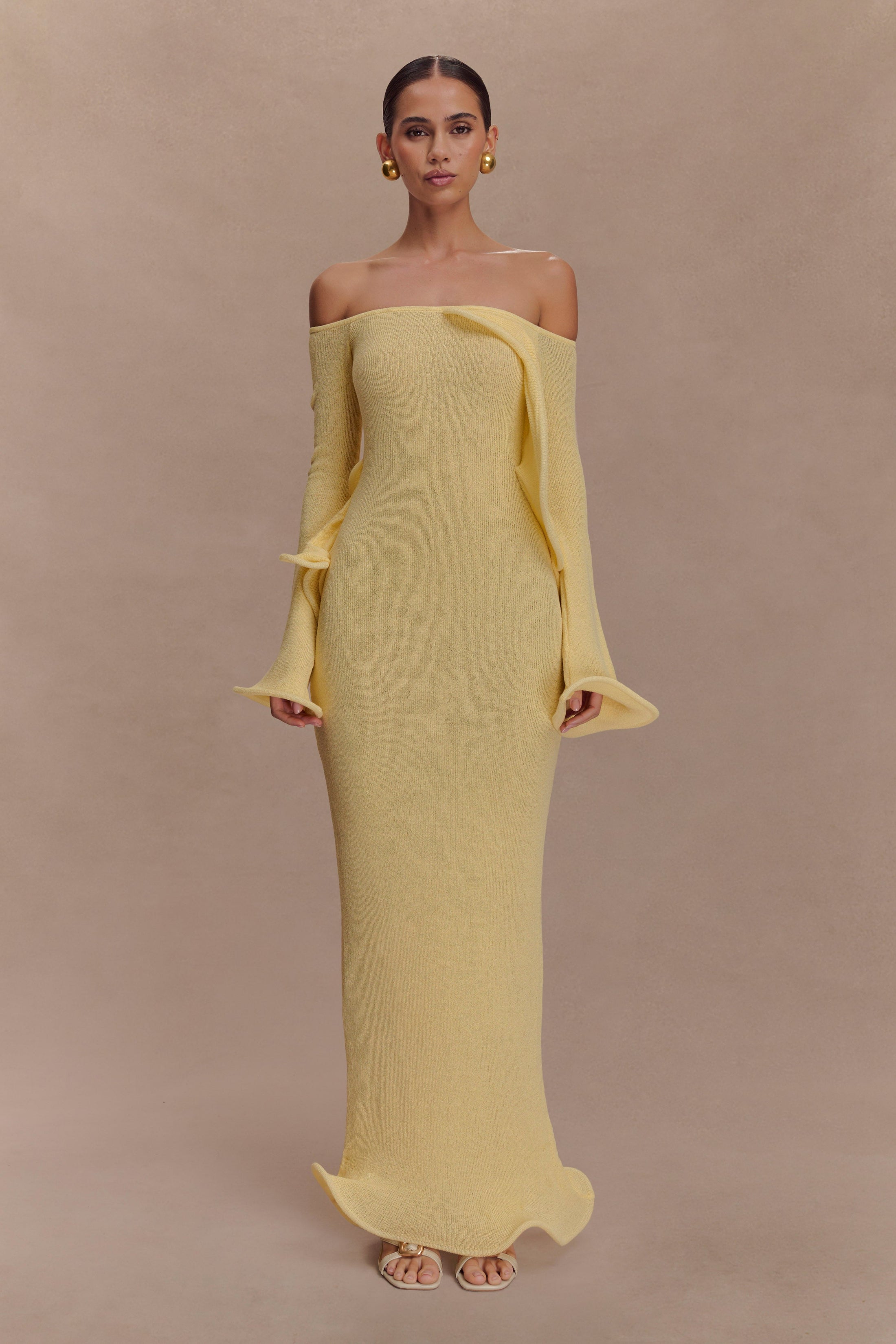 Sandrine Off Shoulder Knit Maxi Dress - Lemon & MESHKI UK