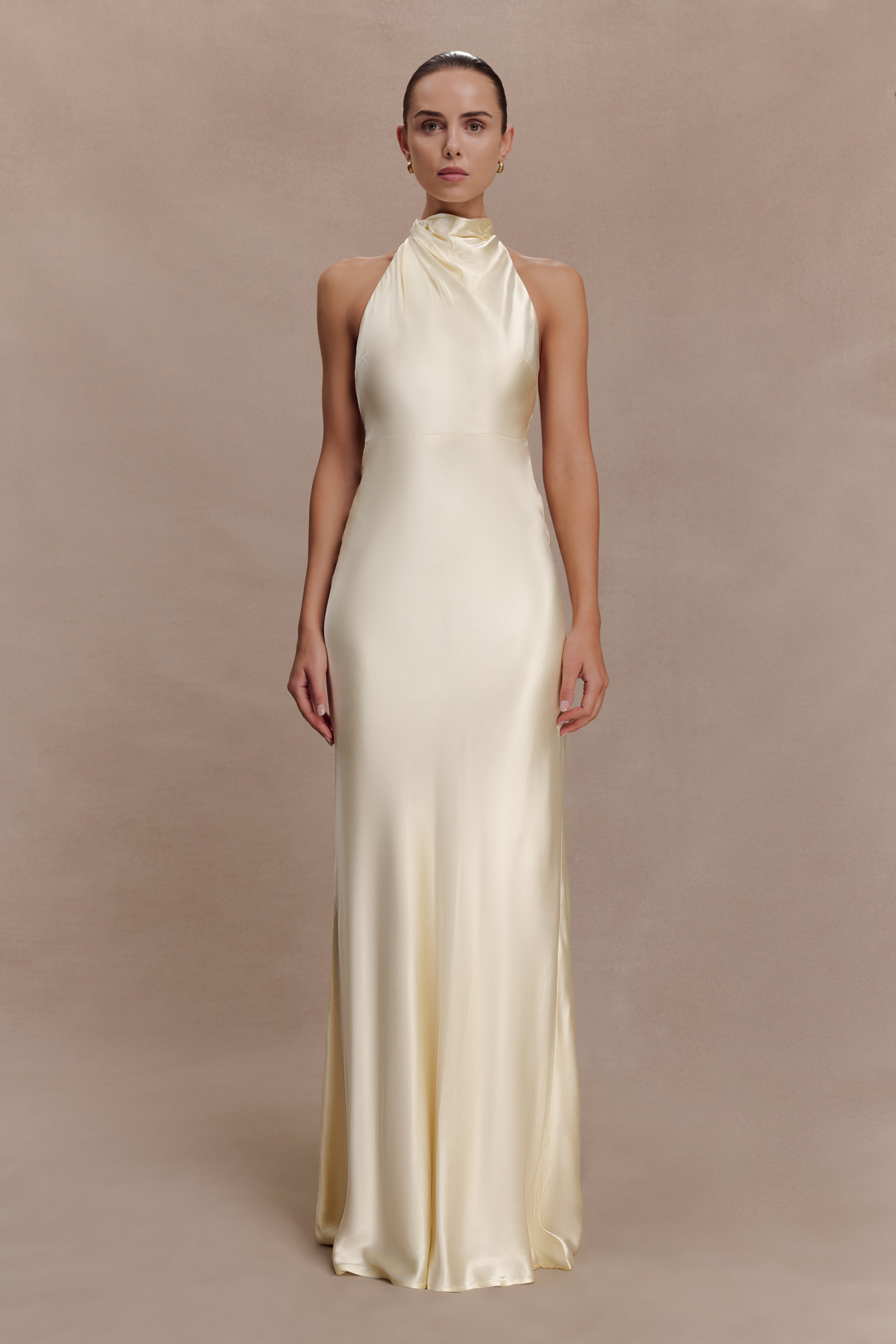 Esther Iridescent Satin Cowl Maxi Dress - Lemon Sorbet & MESHKI UK